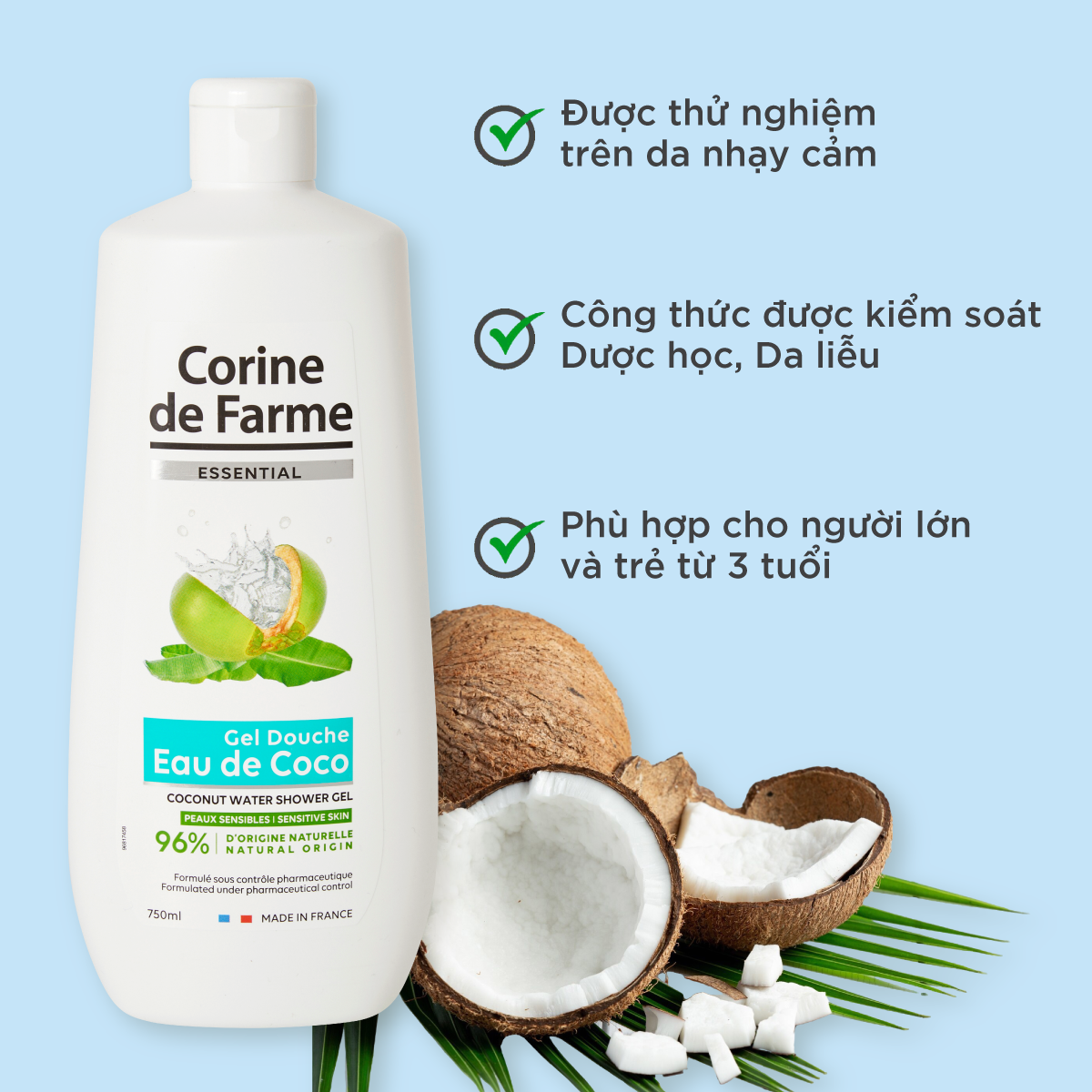 Corine de Farme Essential Coconut Water Shower Gel 750ml - Việt Nữ Trading